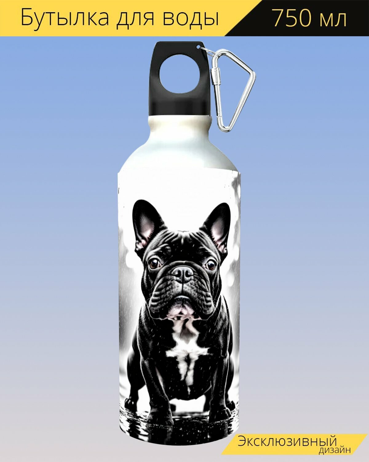 Бутылка фляга для воды "Сцена с французским бульдогом под громким дождем, реализованная в черно-белом прямо-стиле, создающей контраст между тишиной." 750 мл. с карабином и принтом