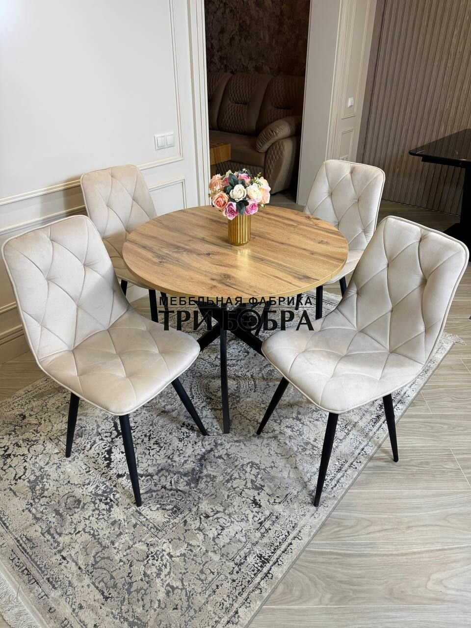 Стол кухонный круглый, раздвижной, Дуб вотан, стулья для кухни комплект 4 шт