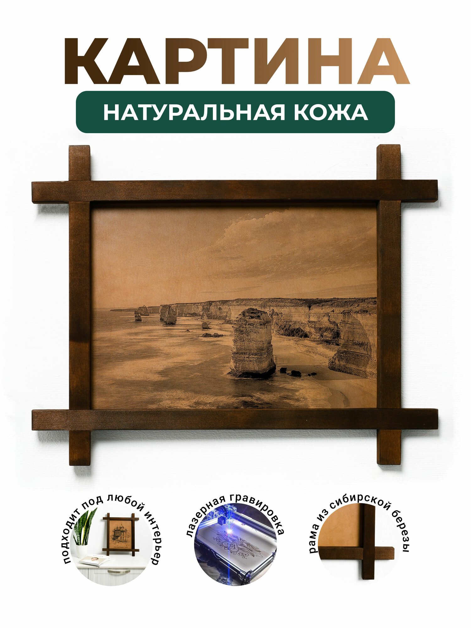 Интерьерная картина из натуральной кожи "Скалы Двенадцать апостолов, Австралия", декоративное настенное панно в деревянной раме, BoomGift