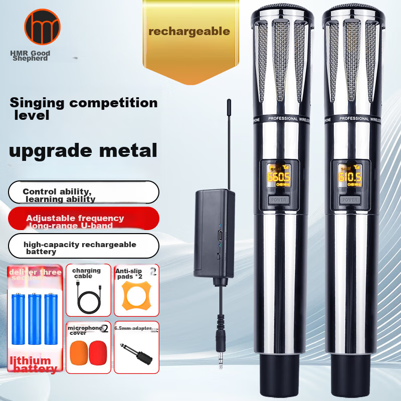 Good Shepherd Wireless Microphone System for Home KTV, Singing, Stage Hosting, Meetings, Speeches, Outdoor Karaoke, TV Sound, Anti-Howling, Metal Rechargeable, Professional All-Purpose Dual-Channel