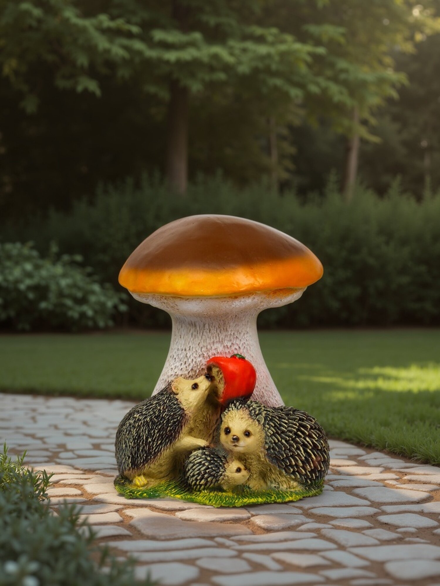 Садовая фигура из полистоуна «Гриб белый с ежами и яблоком», 37×30×30 см