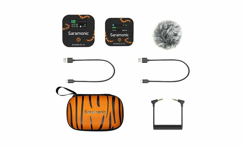 Радиосистема Saramonic Blink900 B1TG (TX+RX) 2,4Гц микрофон - приемник + передатчик в кейсе с подзарядкой, разъем 3,5мм, тигровый дизайн корпуса