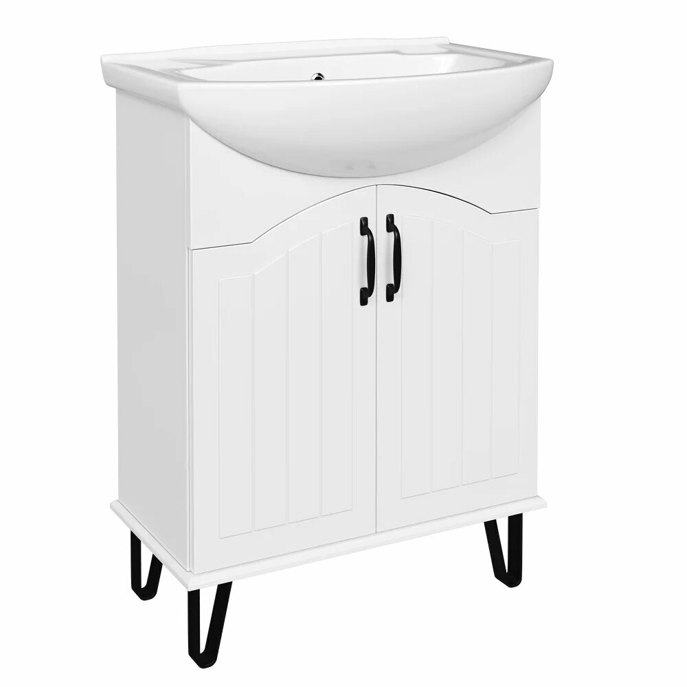 Тумба с раковиной DIWO Сочи 65 напольная, 66, 3 см, белая, глянцевая, из МДФ, с дверками, раковина для ванной фаянсовая, полукруглая, встроенный слив-перелив, с сифоном