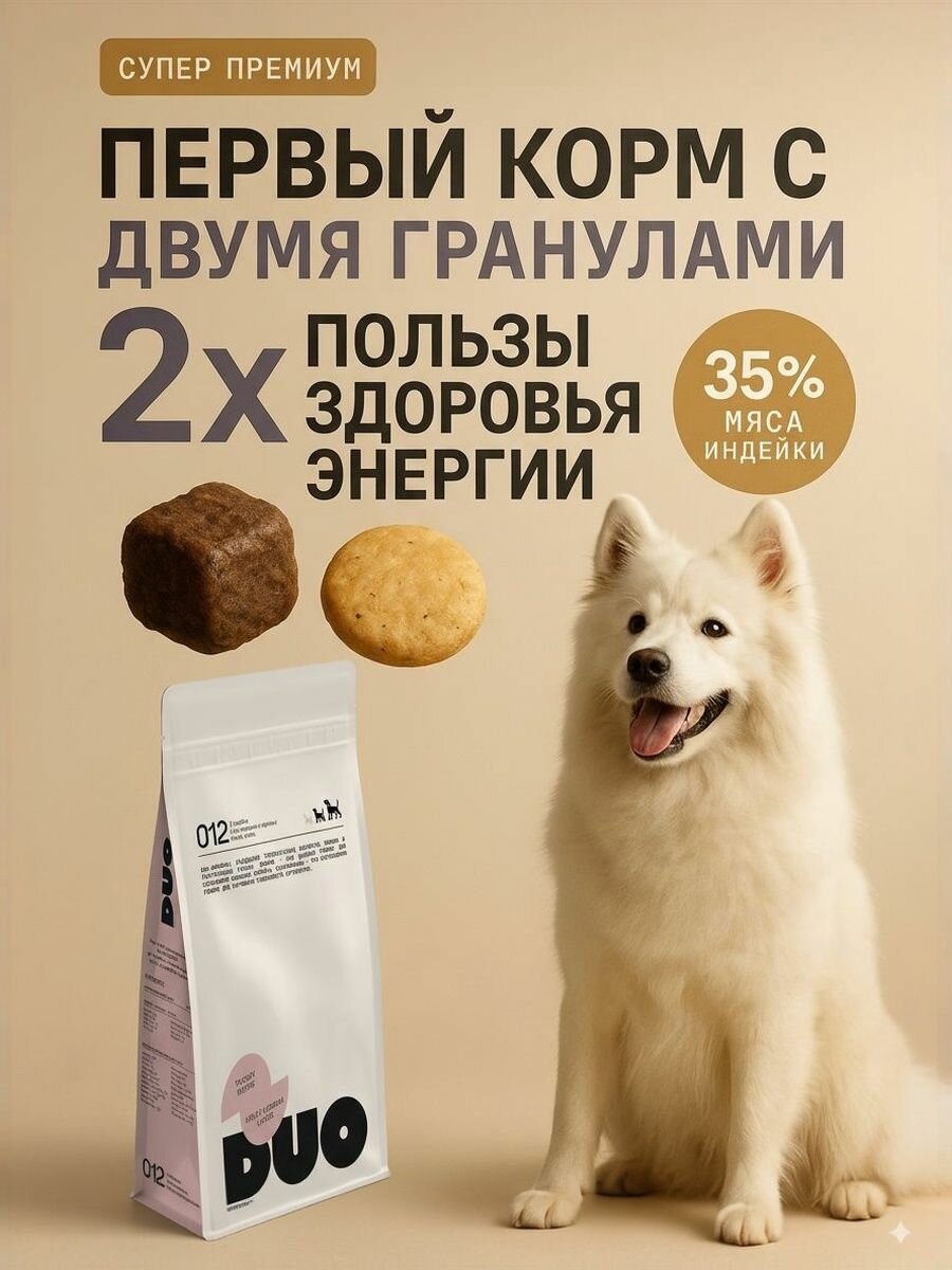 Корм сухой полнорационный DUO NUTRITION для средних и крупных пород собак с индейкой и рисом, 10 кг