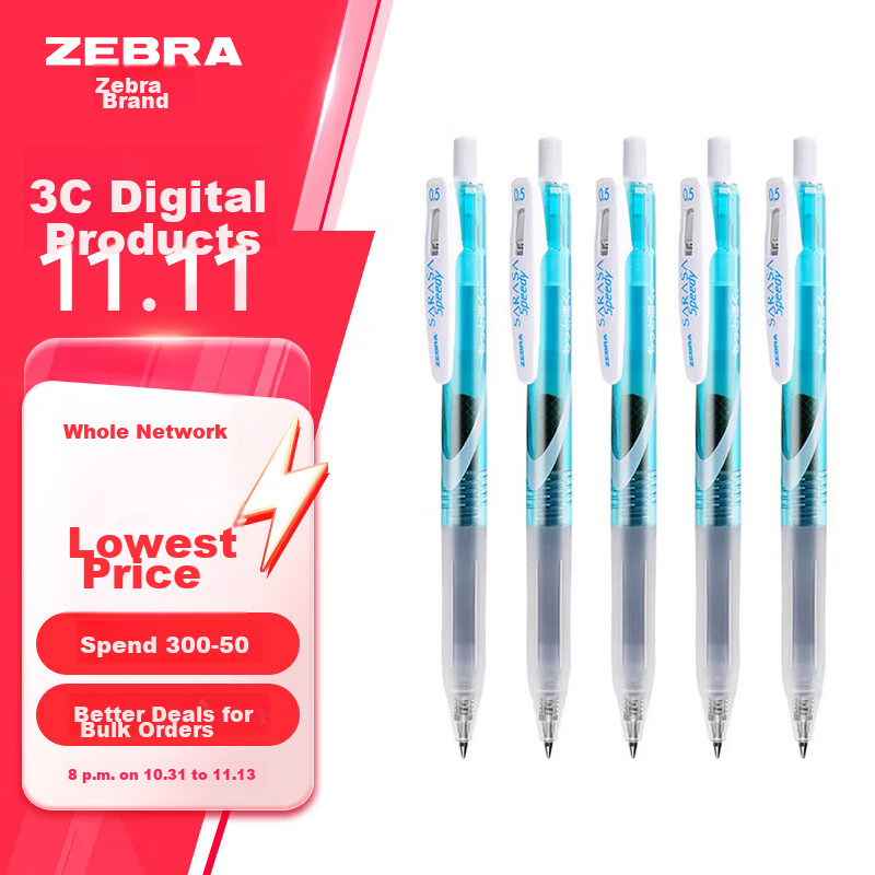 ZEBRA Brand Neutral Ink Pen Speedy Quick Writing Pen 0.5mm Large Capacity Journal Pen JJZ33 Blue Barrel Black 5-Pack