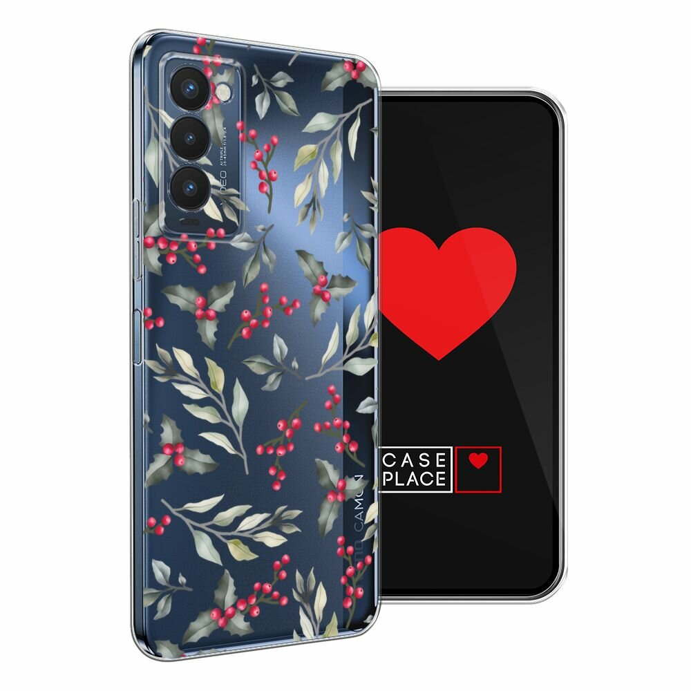 Чехол на Tecno Camon 18P / Техно Камон 18Р с принтом Зимние ягоды паттерн, прозрачный — фото 1
