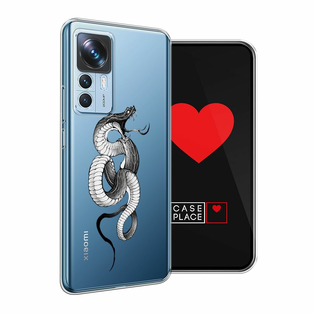 Чехол на Xiaomi 12T/12T Pro / Сяоми 12T/12T Про с принтом Монохромная змея рисунок, прозрачный — фото 1