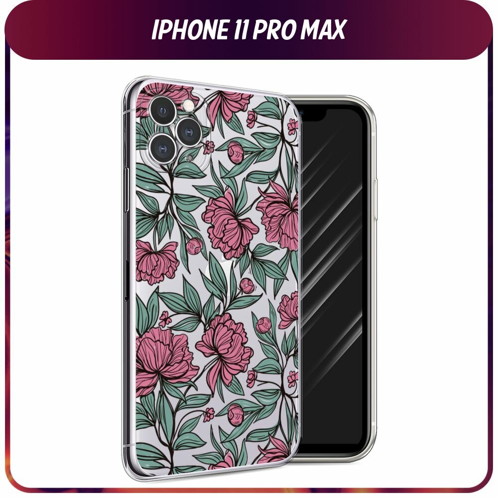 Чехол на Apple iPhone 11 Pro Max / Айфон 11 Про Макс с принтом Бутоны пионов и клематис, прозрачный