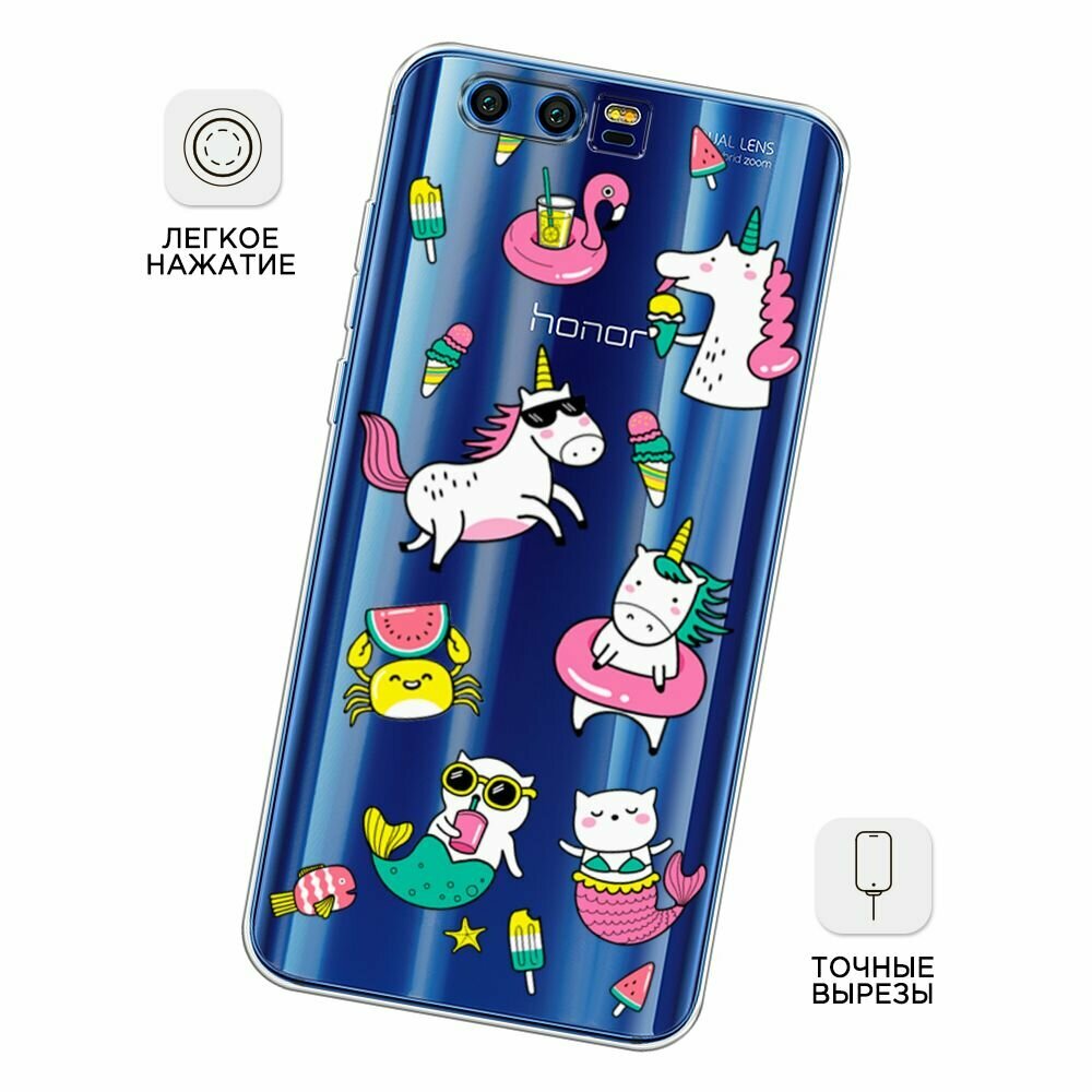 Чехол на Honor 9 / Хонор 9 с принтом "Единороги в отпуске", прозрачный — фото 1