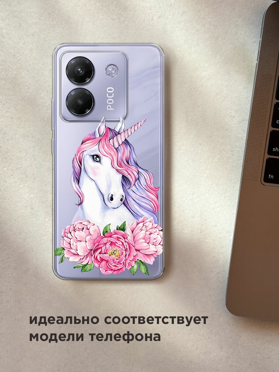 Чехол на Poco M7 Pro / Поко М7 Про с принтом "Единорог с пионами", прозрачный — фото 1