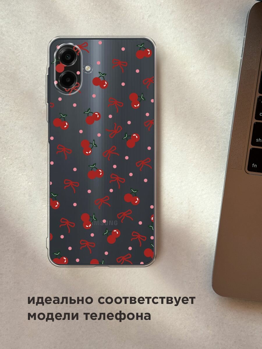 Чехол на Samsung Galaxy A07 / Самсунг А07 с принтом "Вишни и ленточки", прозрачный — фото 1