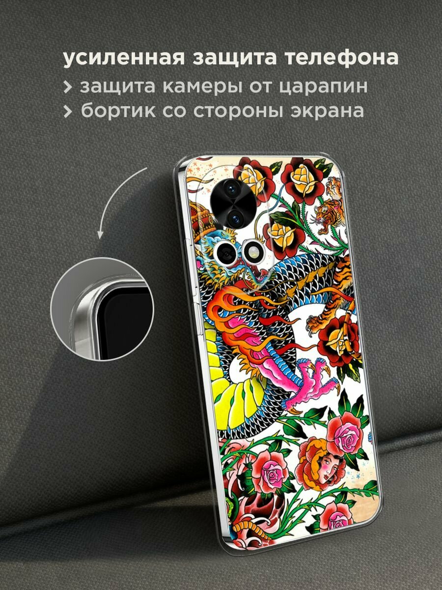 Чехол на Huawei Nova 12/Nova13 / Хуавей Нова 12/Нова 13 с принтом "Дракон в цветах" — фото 1