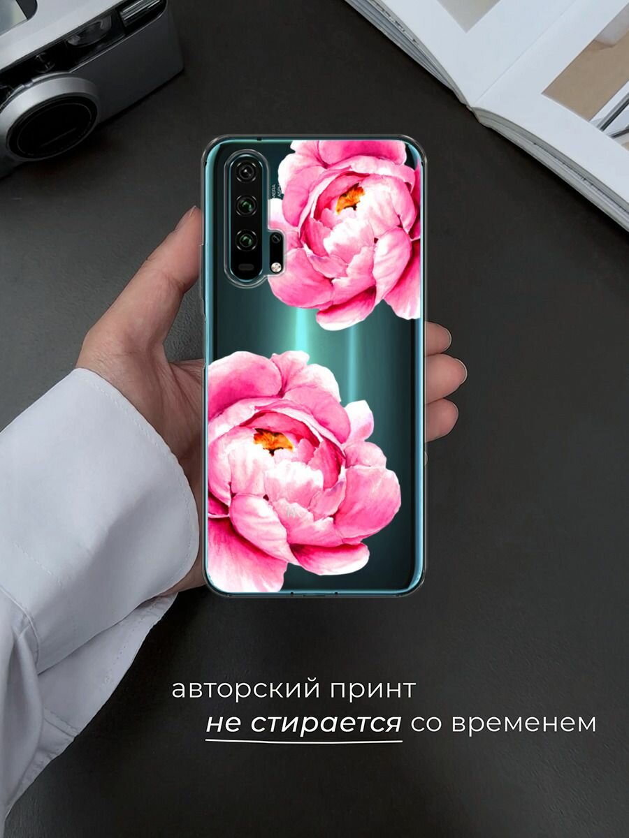 Чехол на Honor 20 Pro / Хонор 20 Про с принтом "Open peonies", прозрачный — фото 1