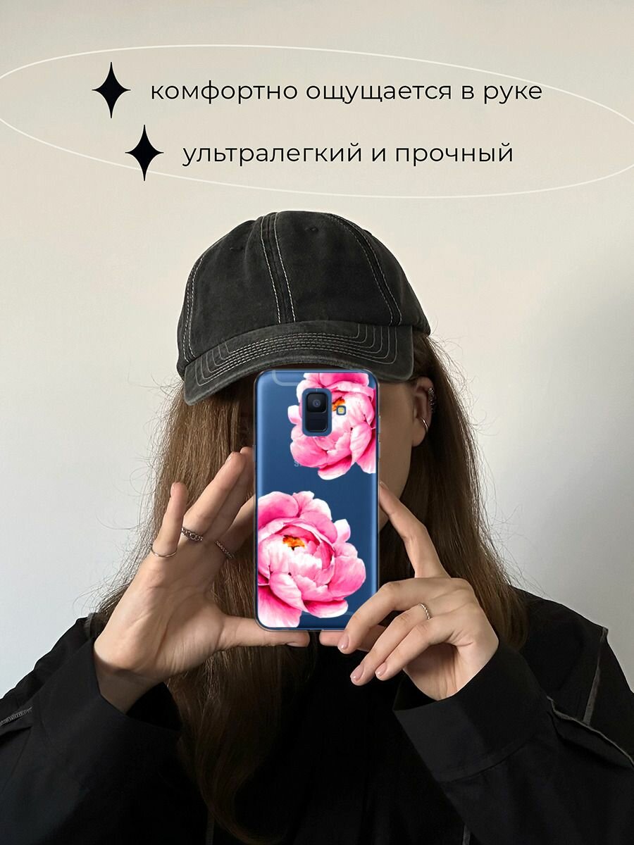 Чехол на Samsung Galaxy A6 / Самсунг Галакси А6 с принтом "Open peonies", прозрачный — фото 1