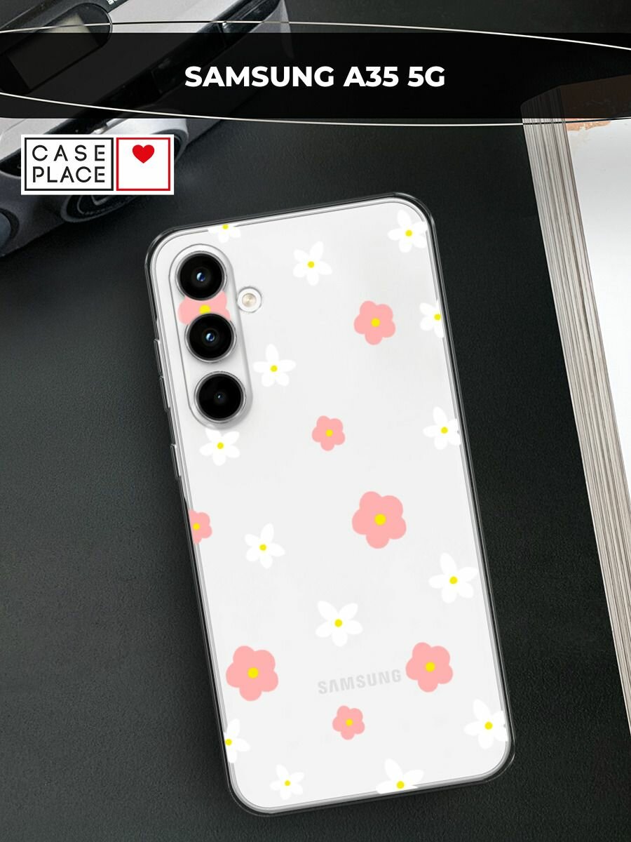 Чехол на Samsung Galaxy A35 5G / Самсунг Галакси А35 5G с принтом "Розовые и белые цветы", прозрачный