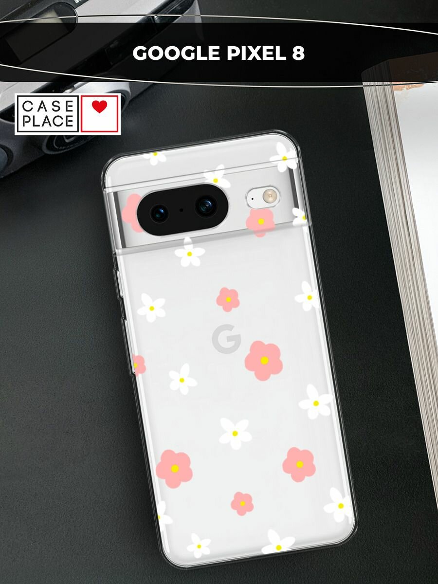 Чехол на Google Pixel 8 / Гугл Пиксель 8 с принтом "Розовые и белые цветы", прозрачный