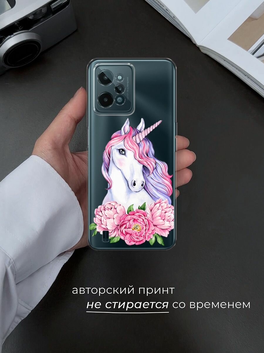 Чехол на Realme C31 / Реалми C31 с принтом "Единорог с пионами", прозрачный — фото 1