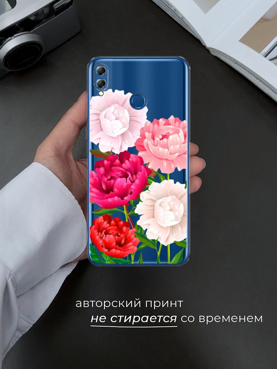 Чехол на Honor 8X / Хонор 8Х с принтом "Большие пионы", прозрачный — фото 1