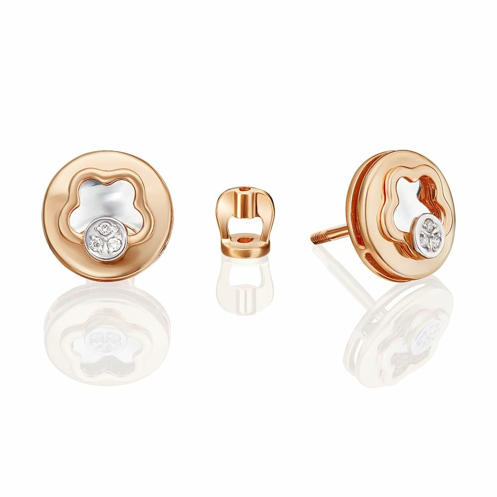 Серьги пусеты, комбинированное золото, 585 проба, родирование, бриллиант