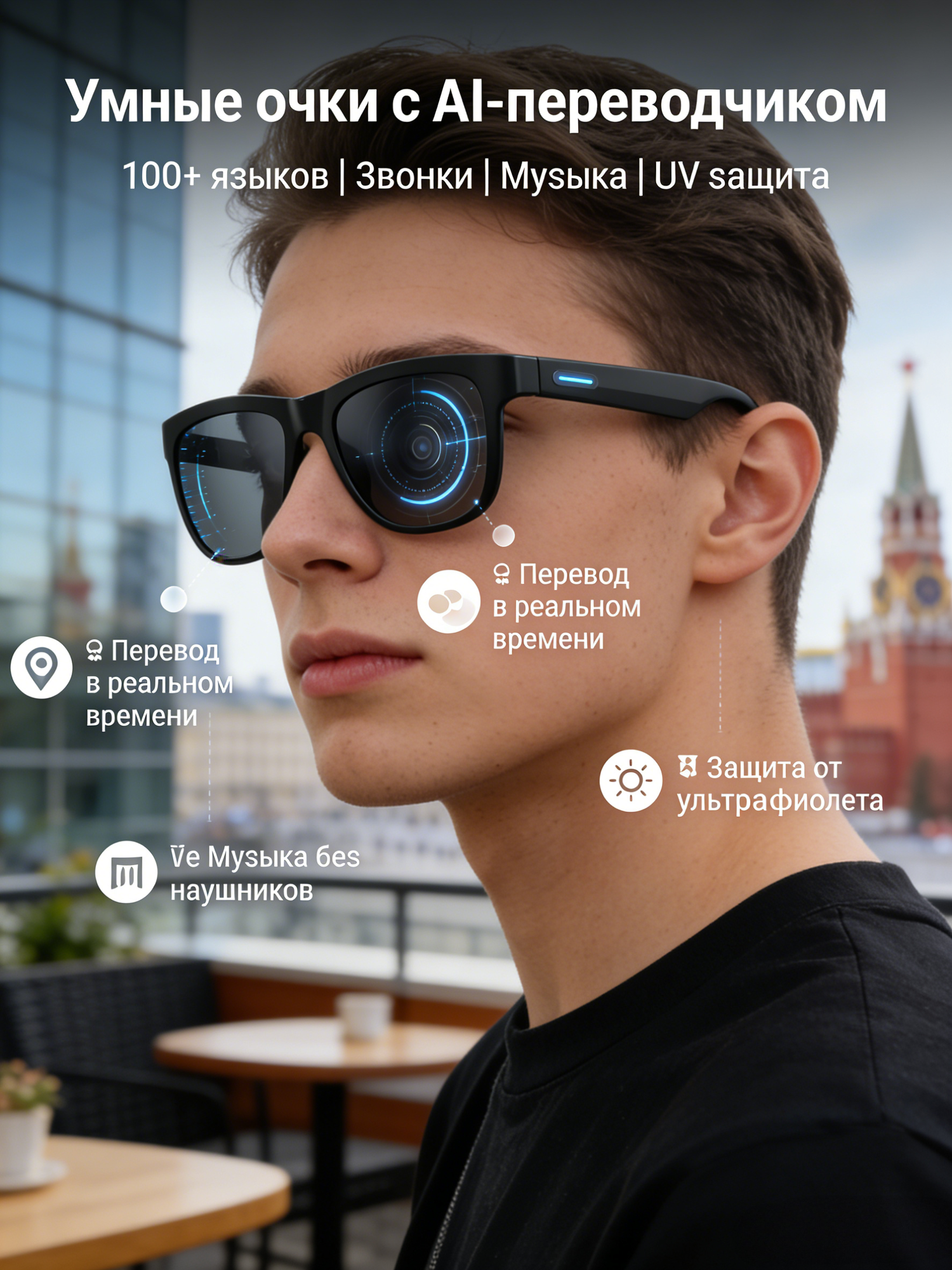Умные очки, smart glasses с Bluetooth, музыка, перевод, звонки, черная оправа