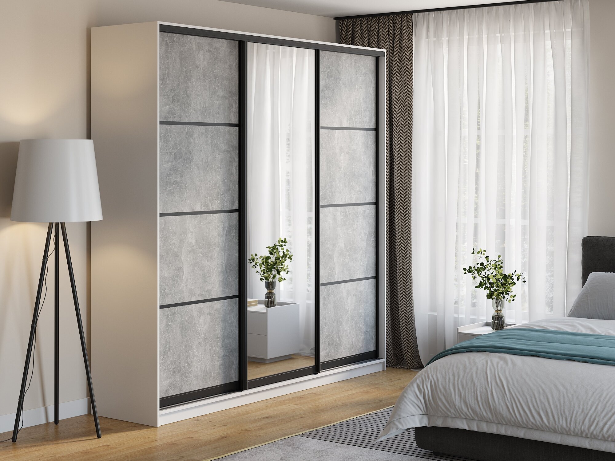 Шкаф купе для одежды Матэрна лофт белый (бетон серый + зеркало) 240х58х240 см