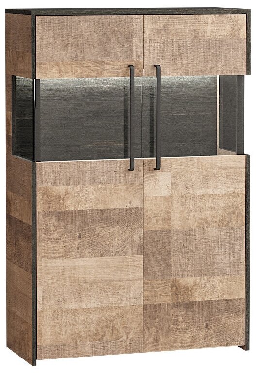 Комод с витриной и подсветкой Моби Трувор 13.306 цвет дуб гранж песочный/интра, ШхГхВ 85,8х37х135,3 см.