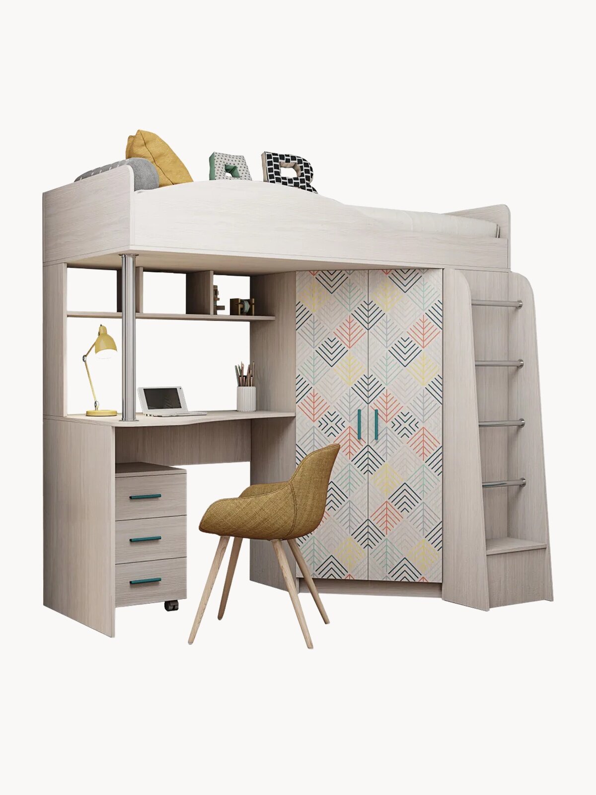 Кровать-чердак Астрид-мебель "Каприз-1" Елочки, с угловым шкафом, столом и выкатной тумбой, сп. место: 80*180см Анкор