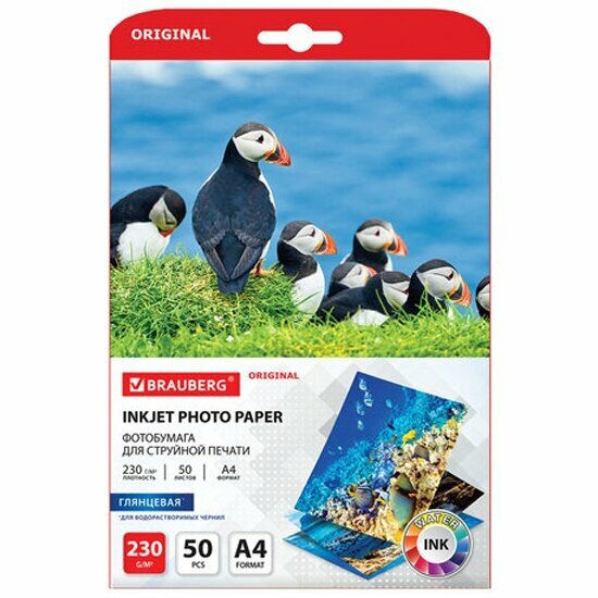 Фотобумага глянцевая Brauberg А4, 230 г/м2, односторонняя, 50 листов, ORIGINAL, 363990