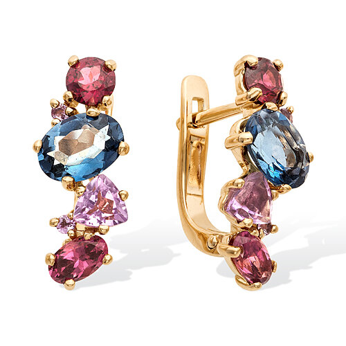 Серьги, красное золото, 585 проба, аметист, Лондон топаз, родолит