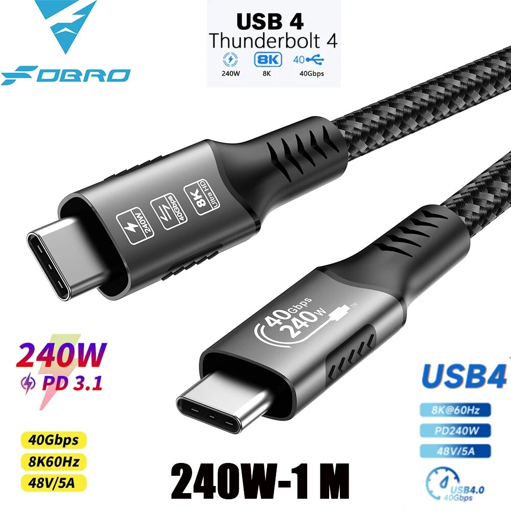 Тип C Thunderbolt 4 Кабель 40 Гбит/с 8K 60 Гц Стандарт USB4 USB C PD3.1 QC4.0 240 Вт Быстрая зарядка для Huawei Iphone 15 Macbook Pro 240W-1M
