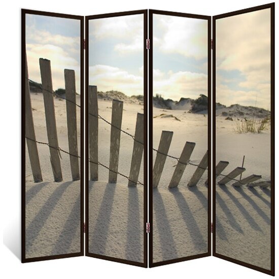 Ширма перегородка Декор Депо для комнаты деревянная "Голандский пляж" двухсторонняя с картинкой (море) 4 створки венге 176х185 см 14 кг