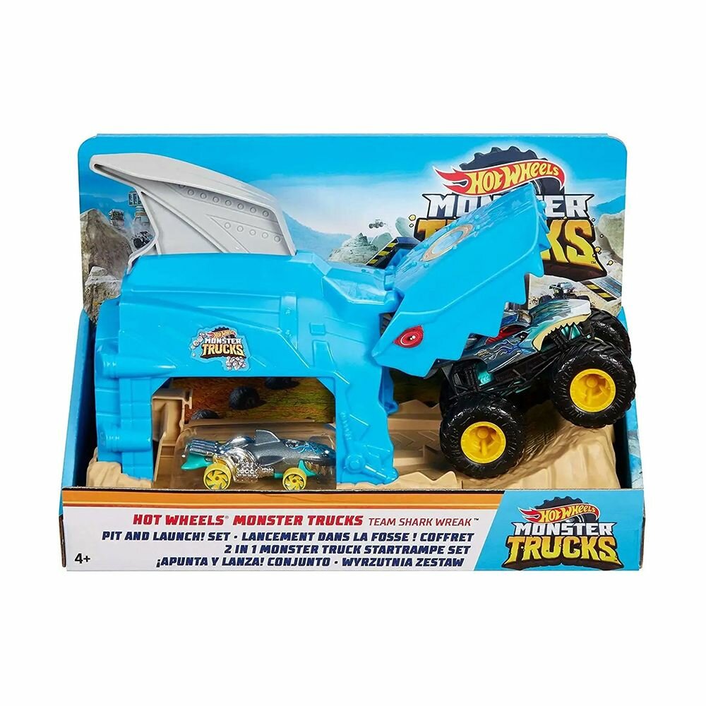 Mattel Hot Wheels Monster Trucks Team Shark Wreak Котлован и стартовая площадка, с грузовиком-монстром, и автомобилем в масштабе 1:64, Горячие колеса