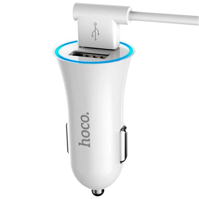 Автомобильное зарядное устройство Hoco UC204 LED 2USB 2.4 A с кабелем Lightning (белый)