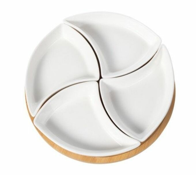 Менажница Фарфоровая из 4 ячеек на деревянной подставке ( Размер: 25 см )