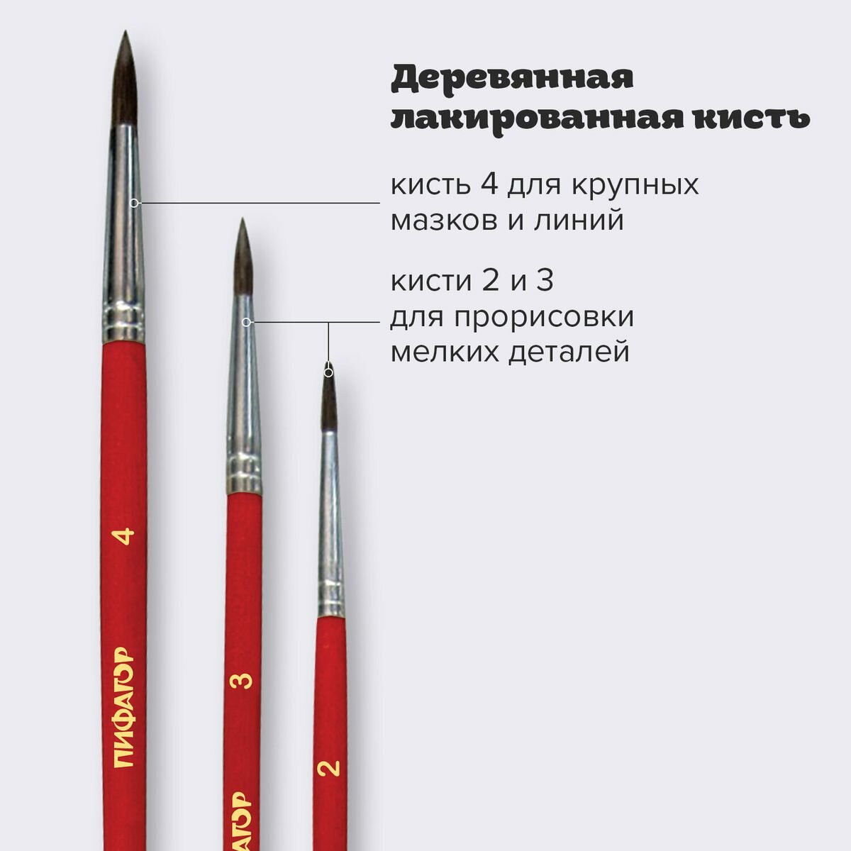 Набор кистей Пифагор, пони, круглые №2,3,4, набор 3шт. (200227)