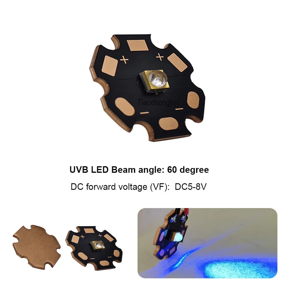 290 нм 310 нм 325 нм 340 нм UVB УФ-светодиод 0,1 Вт 1 Вт 2 Вт 3838 DC5-7 В Ультрафиолетовая лампа светодиод с медной подложкой 20 мм