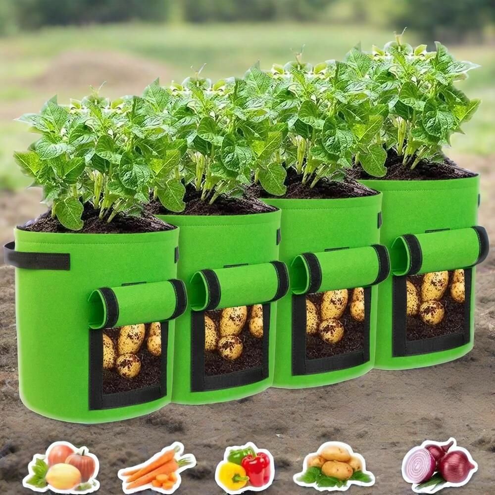 Набор из 4 мешков для выращивания картофеля, объемом 38 литров, с клапаном - Из прочной ткани с ручками и окном для сбора урожая, нетканые горшки-плантаторы для выращивания овощей и помидоров