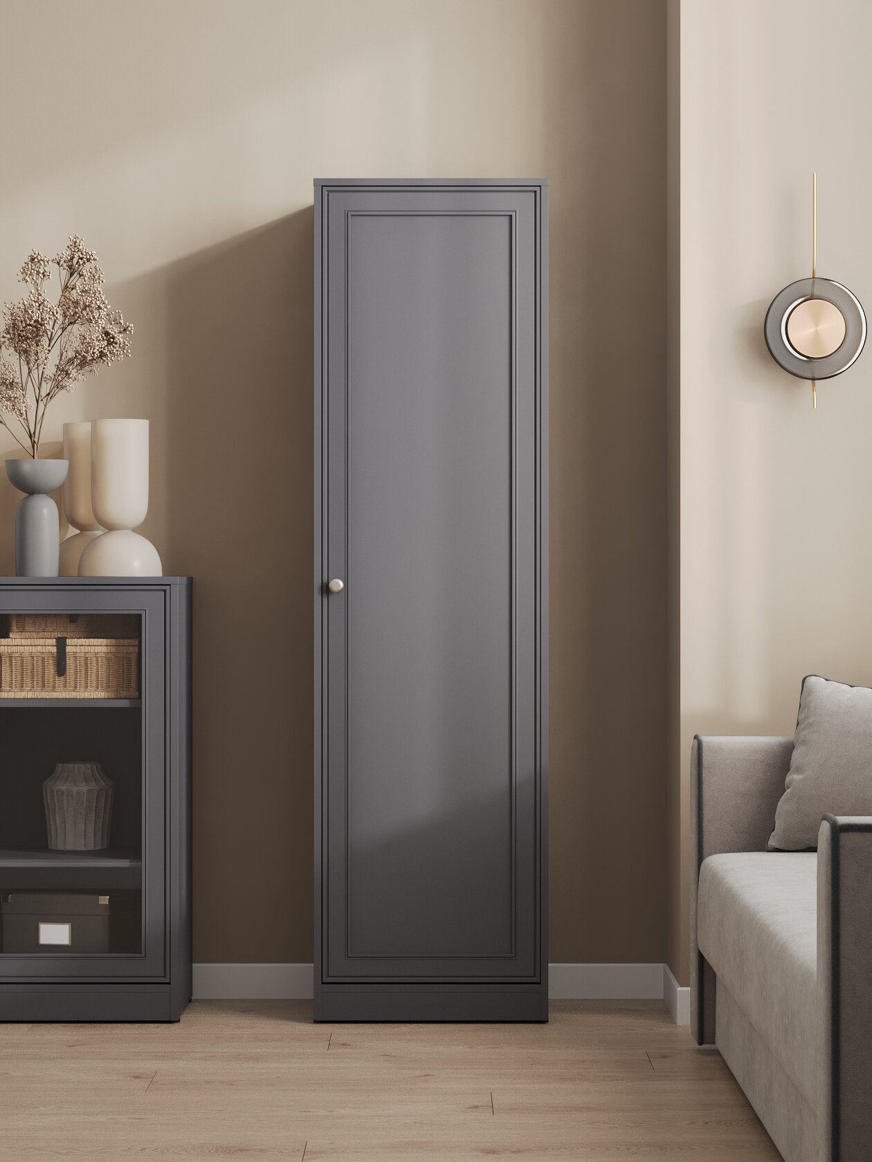 Распашной шкаф-пенал для одежды и хранения вещей Люсиль 1 дверь, с полками, 50.2х40.1х180.6 см, Графит