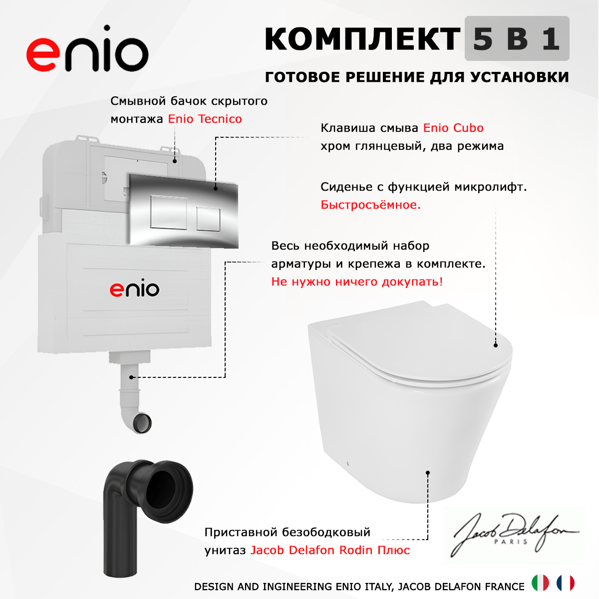 Комплект 3 в 1 смывной бачок скрытого монтажа Enio Tecnico + Унитаз приставной Jacob Delafon Rodin с кнопкой хром Cubo EN8050817 + EN8050817 + EN8050810 + E23280-00