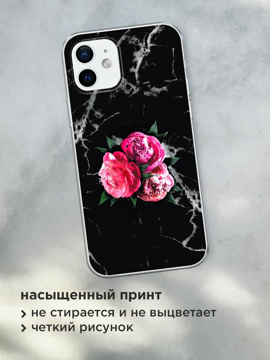 Чехол на Apple iPhone 12/12 Pro / Айфон 12/12 Про с принтом "Букет на черном мраморе" — фото 1
