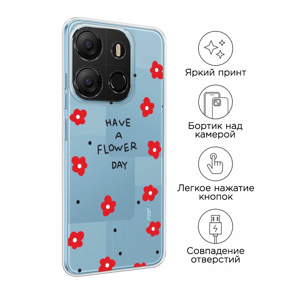Чехол на Tecno Pop 7 / Текно Поп 7 с принтом "Have a flower day 2", прозрачный — фото 1