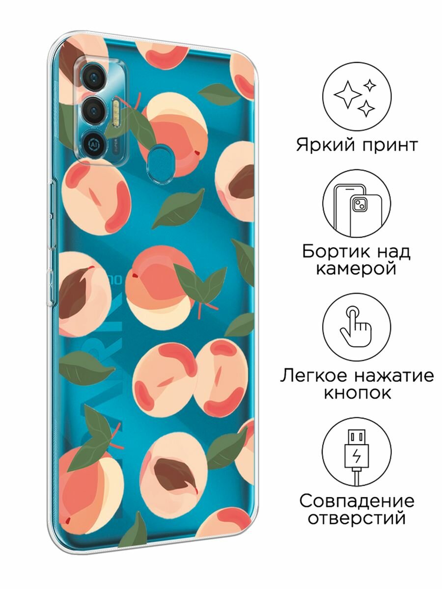 Чехол на Tecno Spark 7 / Техно Спарк 7 с принтом "Нежные персики паттерн 2", прозрачный — фото 1