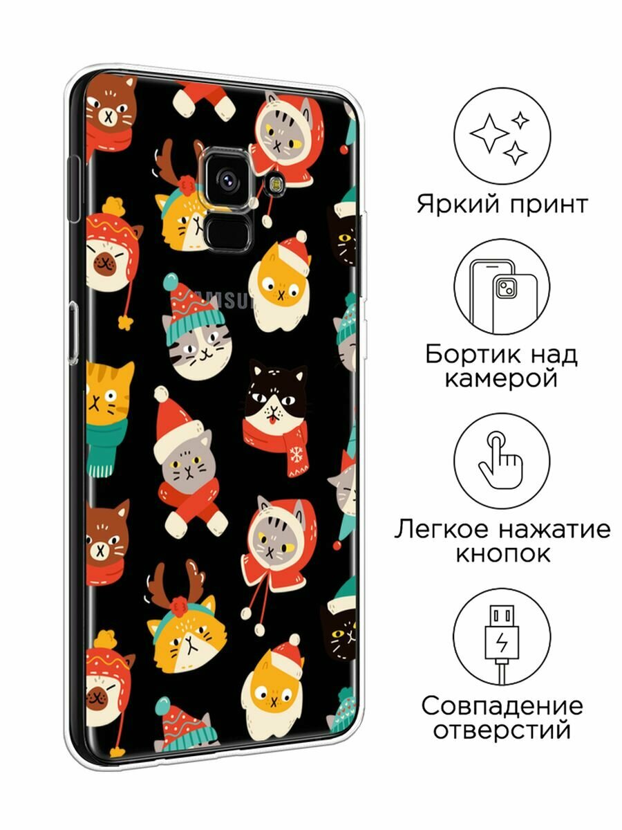 Чехол на Samsung Galaxy A8 + / Самсунг Галакси А8 Плюс 2018 с принтом Праздничные котики, прозрачный — фото 1