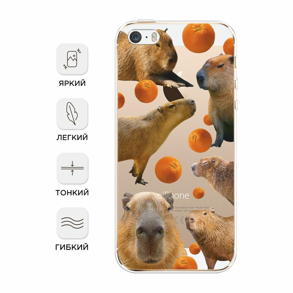 Чехол на Apple iPhone 5/5S/SE / Айфон 5/5S/SE с принтом "Капибара и апельсины", прозрачный — фото 1