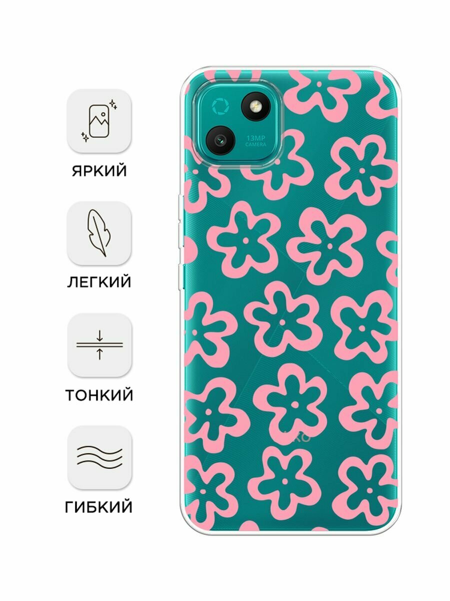 Чехол на Wiko T10 / Вико Т10 с принтом "Простые розовые цветочки", прозрачный — фото 1