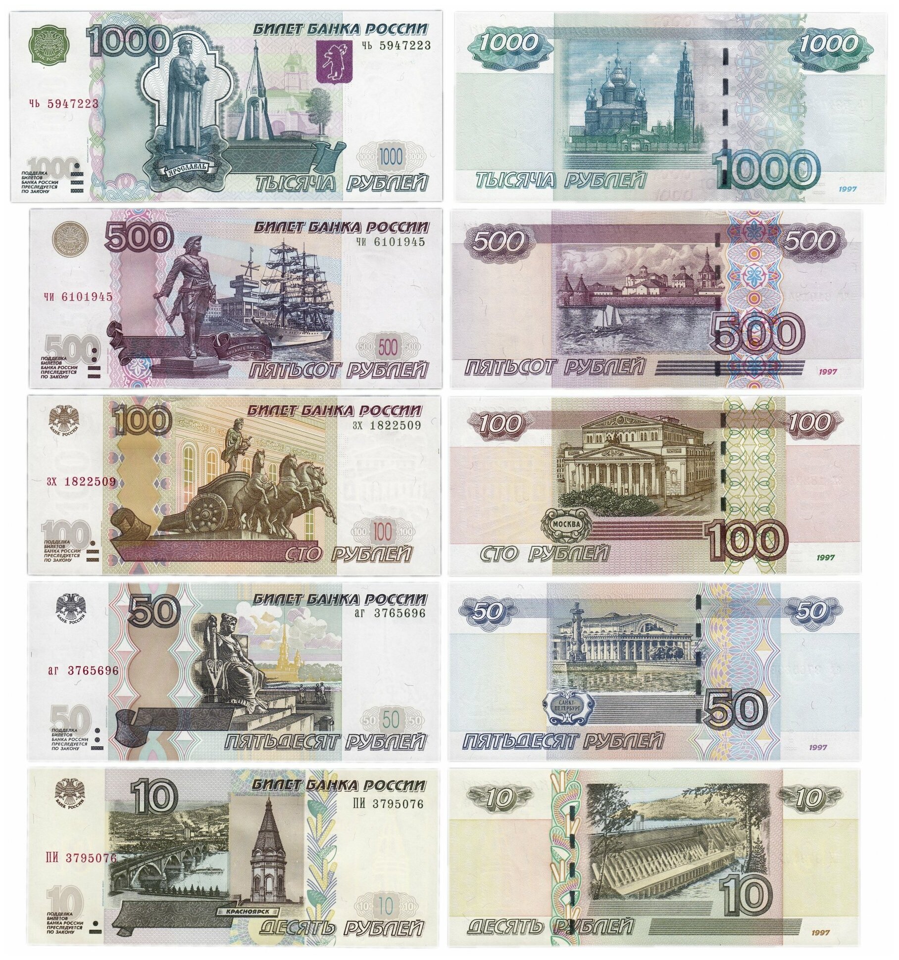 Полный набор банкнот образца 1997 года модификация 2004 10, 50, 100, 500 и 1000 рублей 5 бон пресс