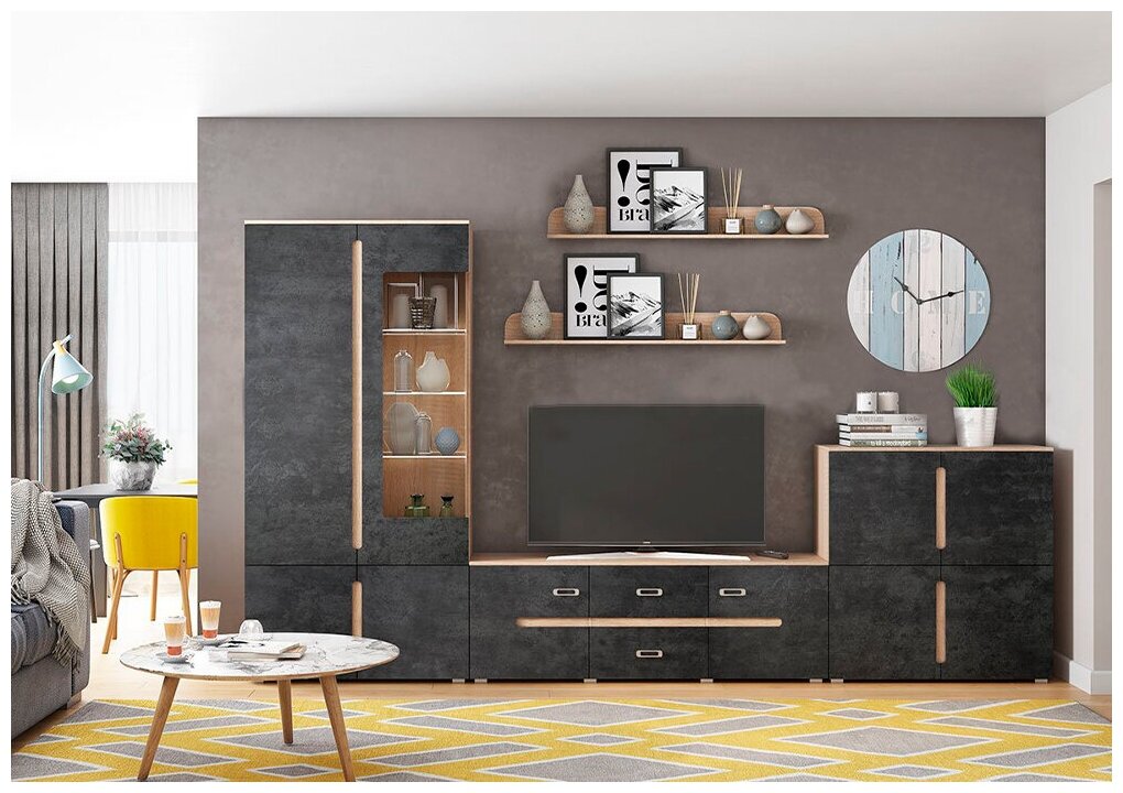 Стенка в гостиную Нонтон Ким №1, 360x42x206 см, 5 модулей, дуб сонома / бетон графит