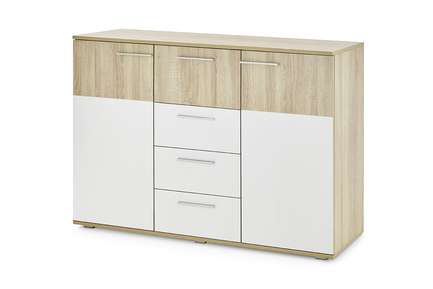 Комод напольный Рона широкий, 135x94x40 см, универсальный, 4 ящика, 2 дверцы, ЛДСП, цвет дуб Сонома, белый поры дерева