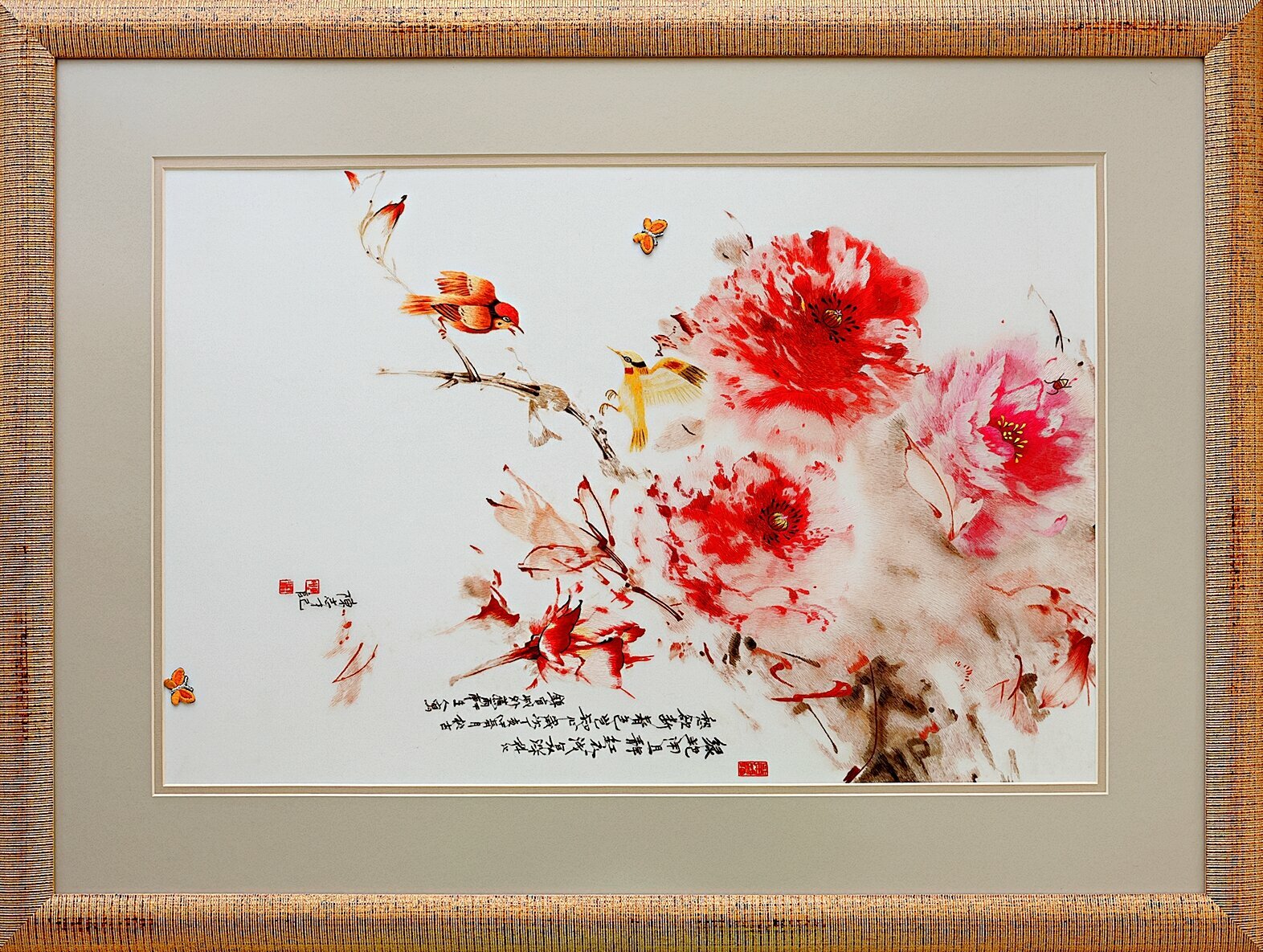 Декоративная настенная картина Живой Шелк Акварель с пересмешниками, вышивка шелком ручная с 3Dэффектом/см 60х80х3/багет+паспарту