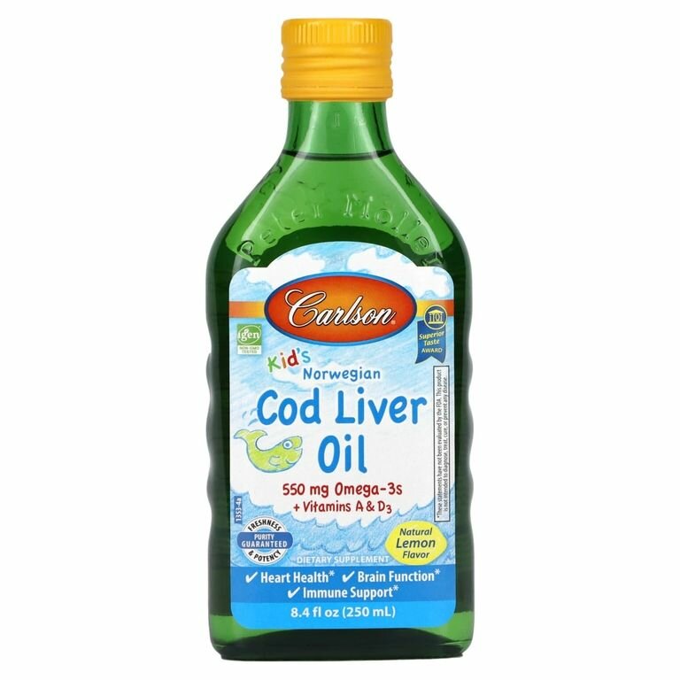 Carlson Labs, Cod Liver Oil Kids, Масло печени норвежской трески для детей, вкус лимона, 250 мл